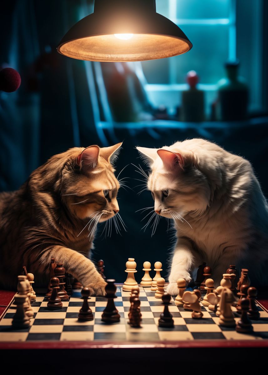 'Funny Cats Playing Chess' Poster, picture, metal print, paint by Zenz ...