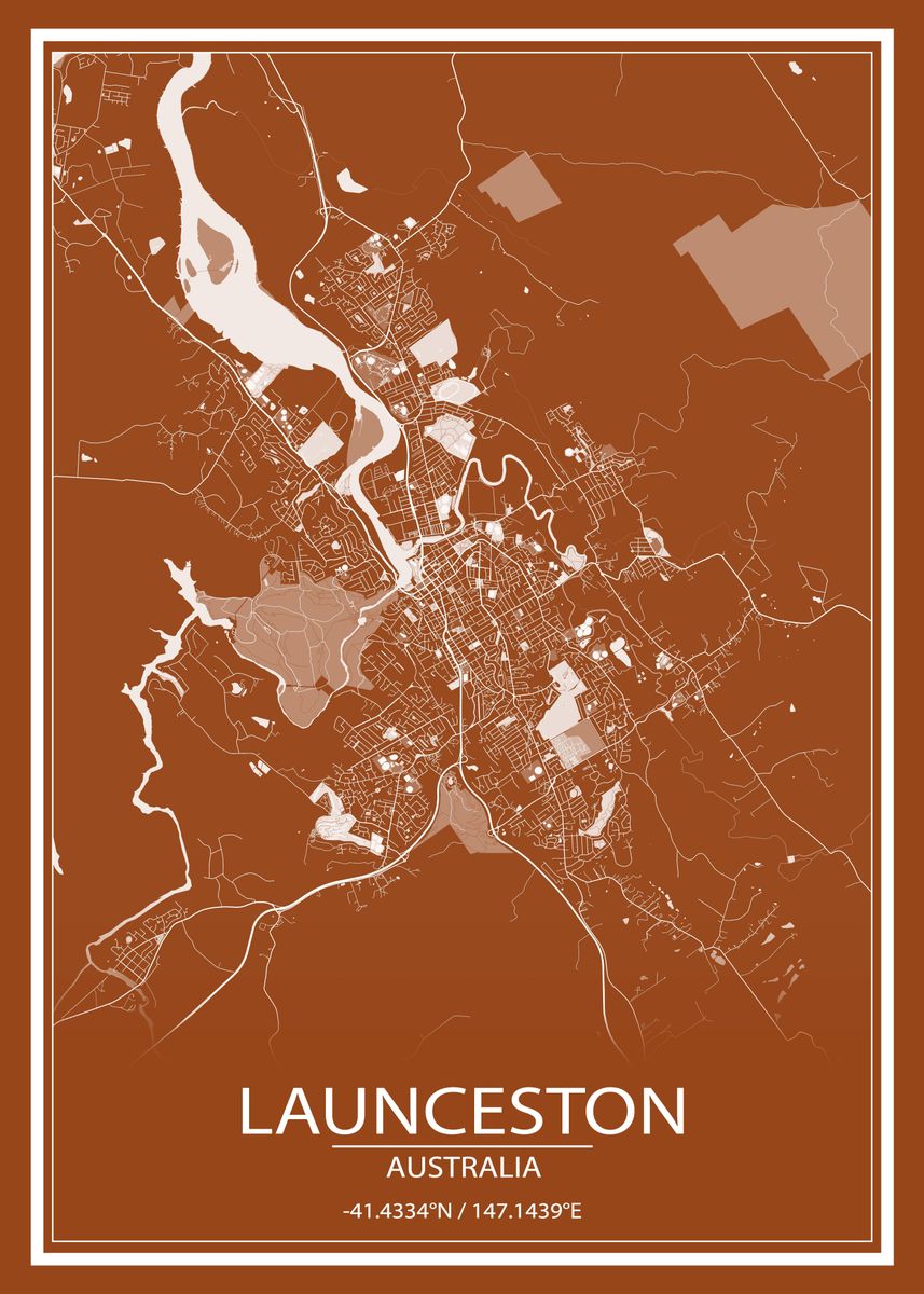 'Launceston AUS Brown Map' Poster, picture, metal print, paint by Wall ...