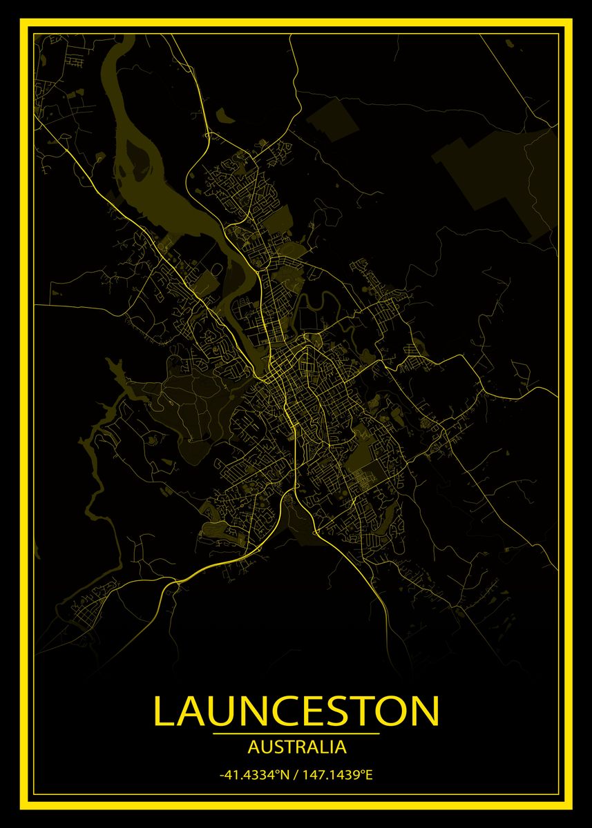 'Launceston AU Yellow Map' Poster, picture, metal print, paint by Wall ...