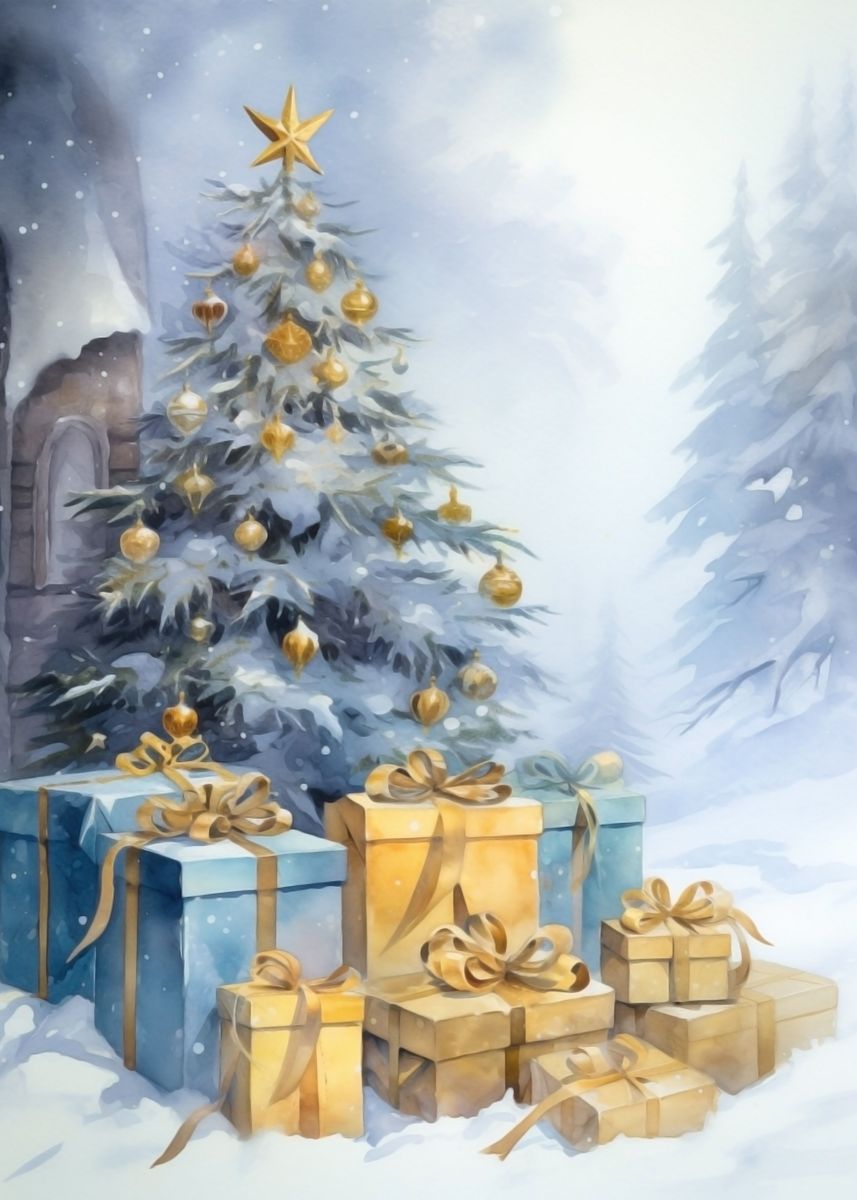 'christmas gifts under tree' Poster, picture, metal print, paint by ...