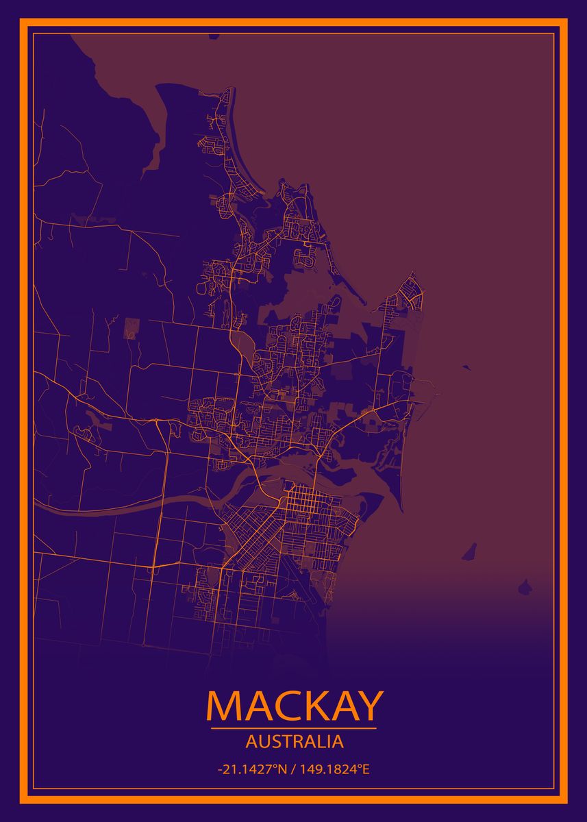 'Mackay AUS Purple City Map' Poster, picture, metal print, paint by ...
