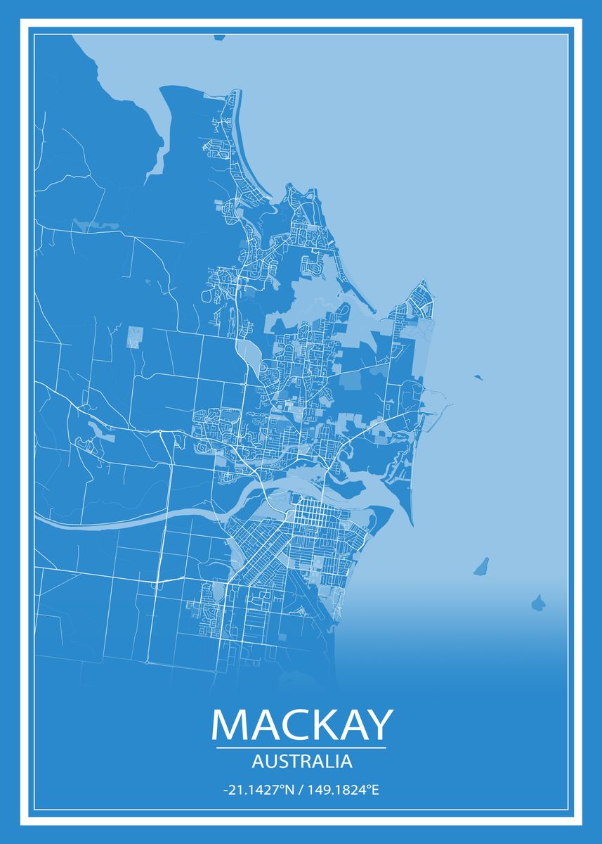 'Mackay AUS Blue City Map' Poster, picture, metal print, paint by Wall ...