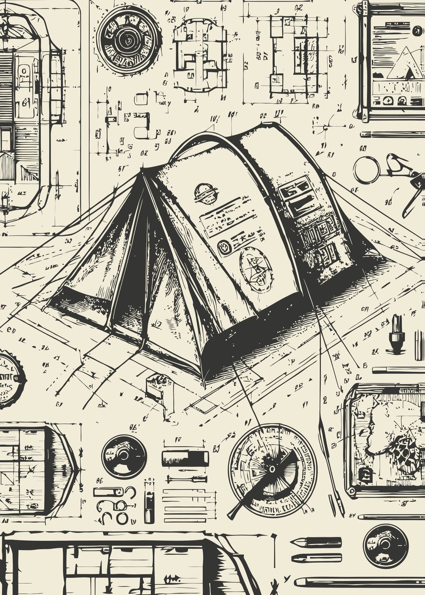 'Camping Tent Blueprint ' Poster by DREAM ART | Displate