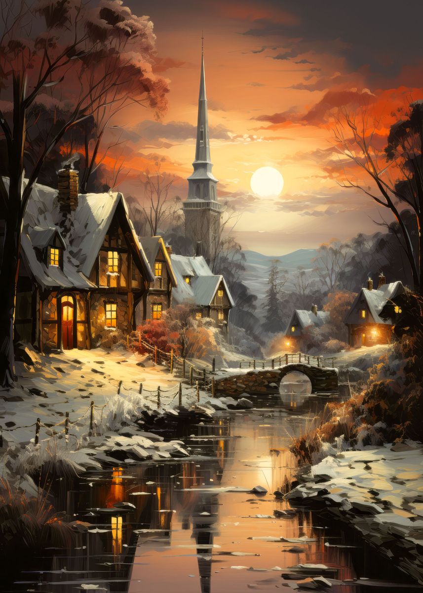 'Twilight in Winter Village' Poster, picture, metal print, paint by ...