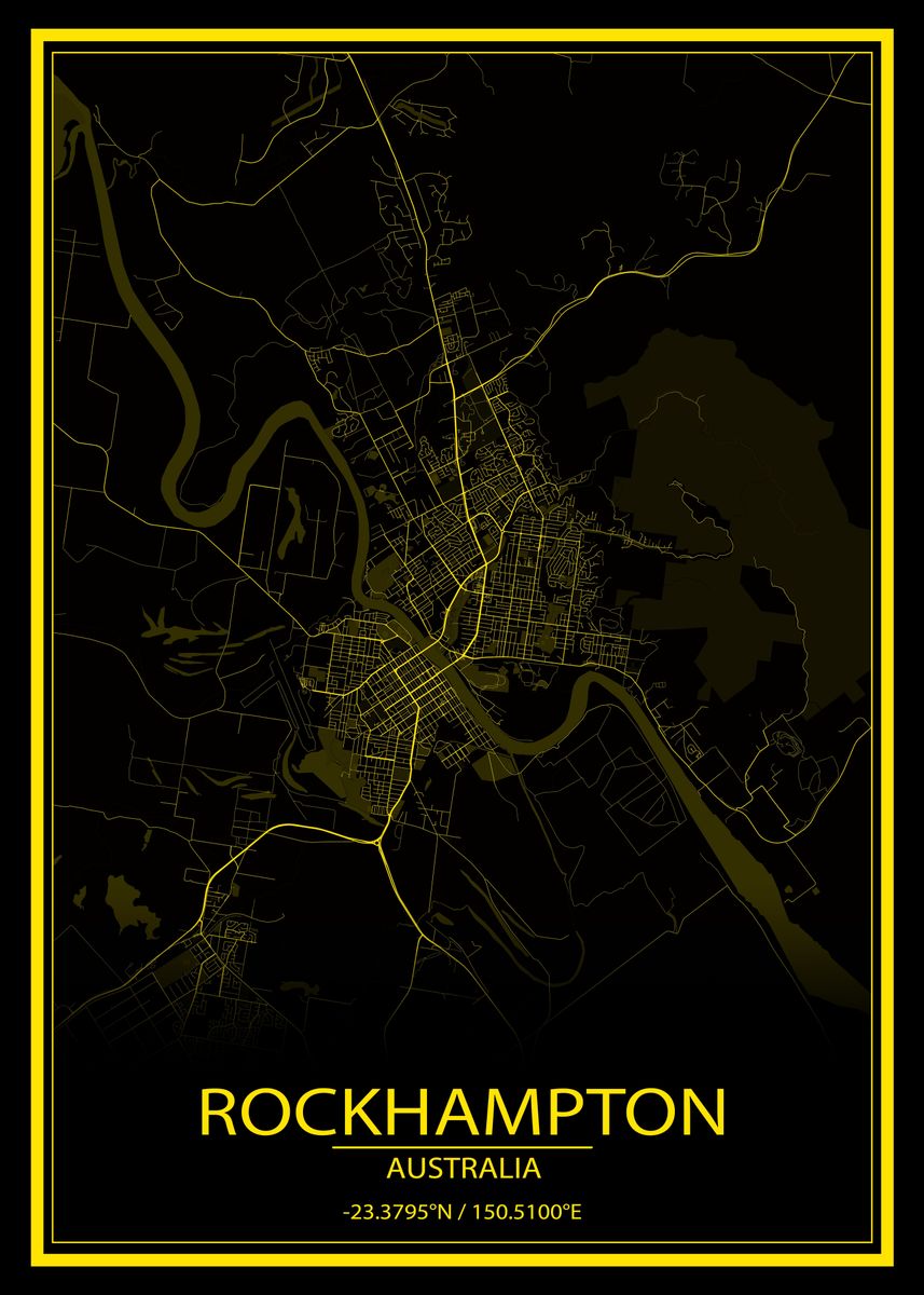'Rockhampton Yellow Map' Poster, picture, metal print, paint by Wall ...