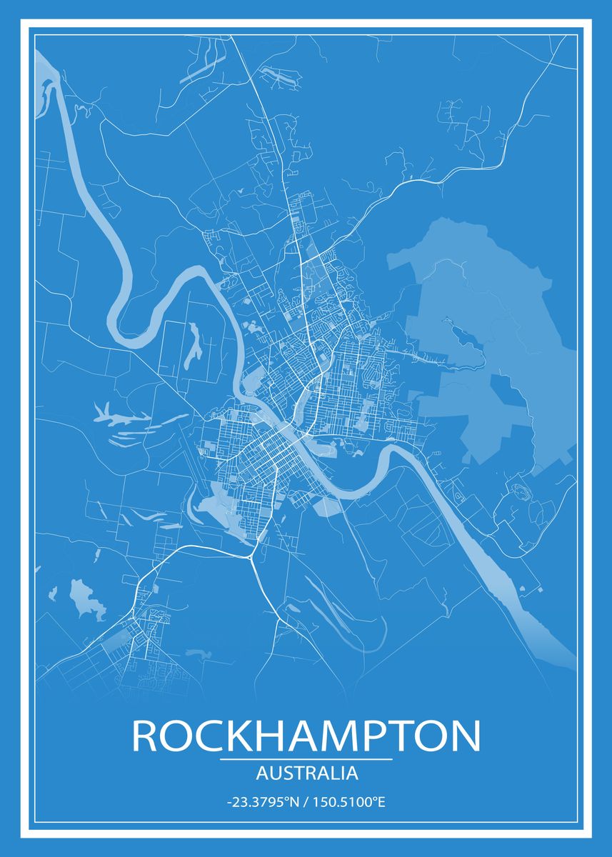 'Rockhampton Blue City Map' Poster, picture, metal print, paint by Wall ...