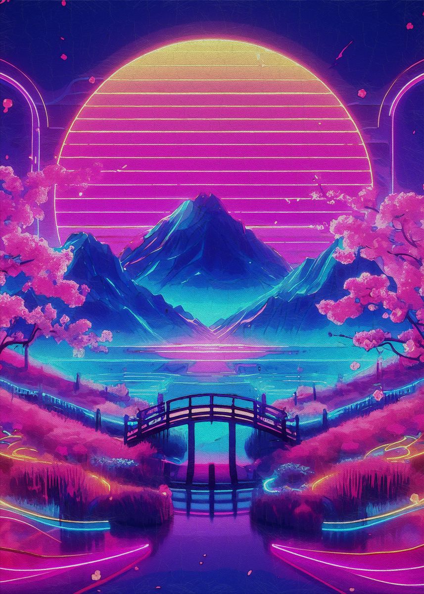 'Cherry Blossom Vaporwave' Poster, picture, metal print, paint by Sultan Studio | Displate
