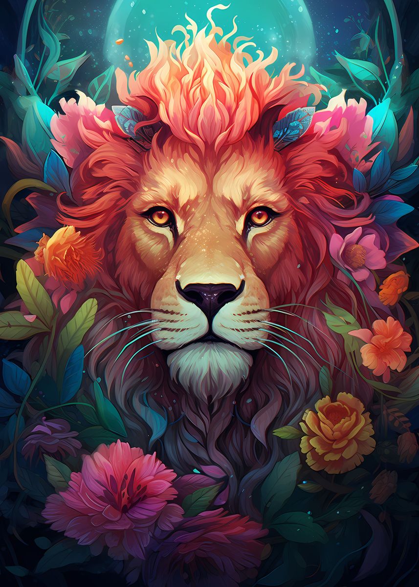 'Mythic Lion Flowers' Poster, picture, metal print, paint by Autophil ...