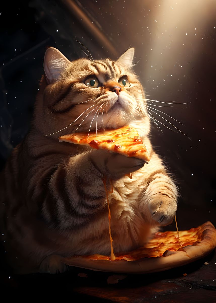'fat cat eating pizza' Poster, picture, metal print, paint by Autophil ...
