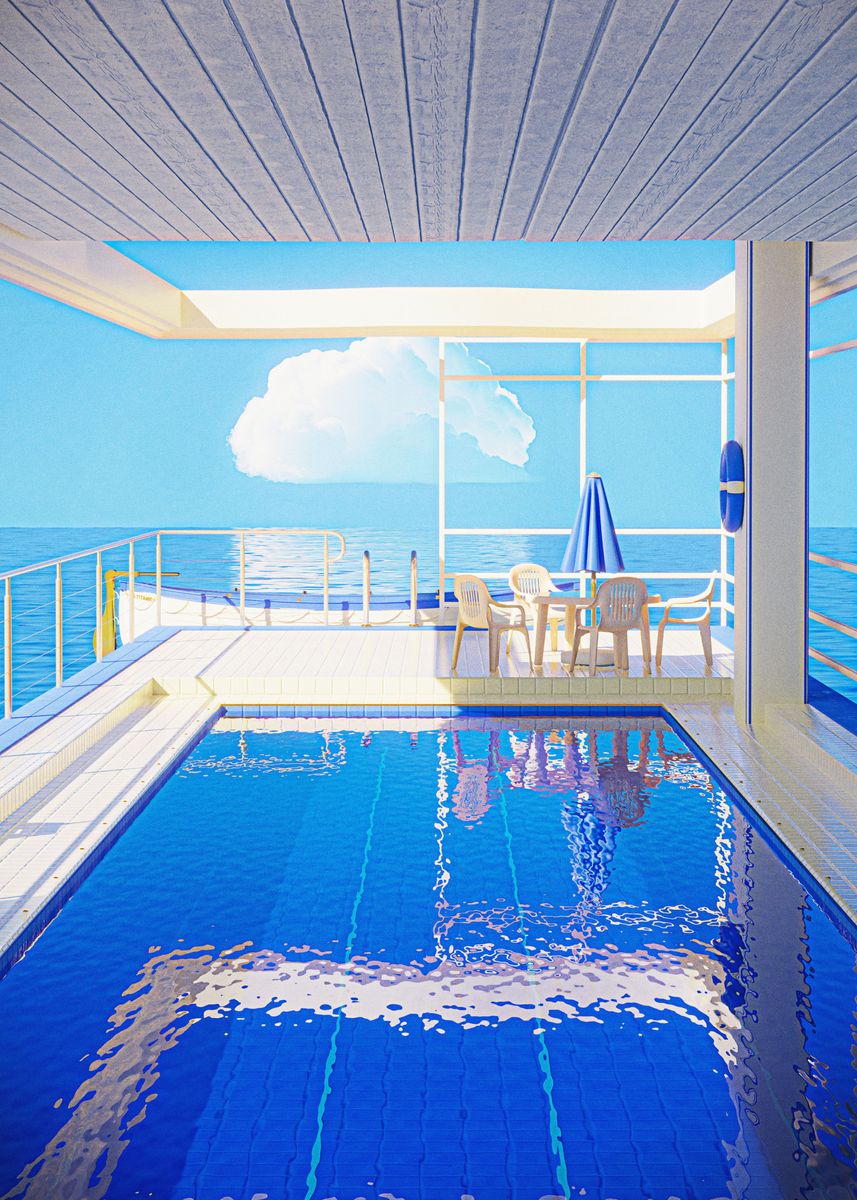 'Ocean Boat View Pool Pop' Poster by Ryan Onions | Displate