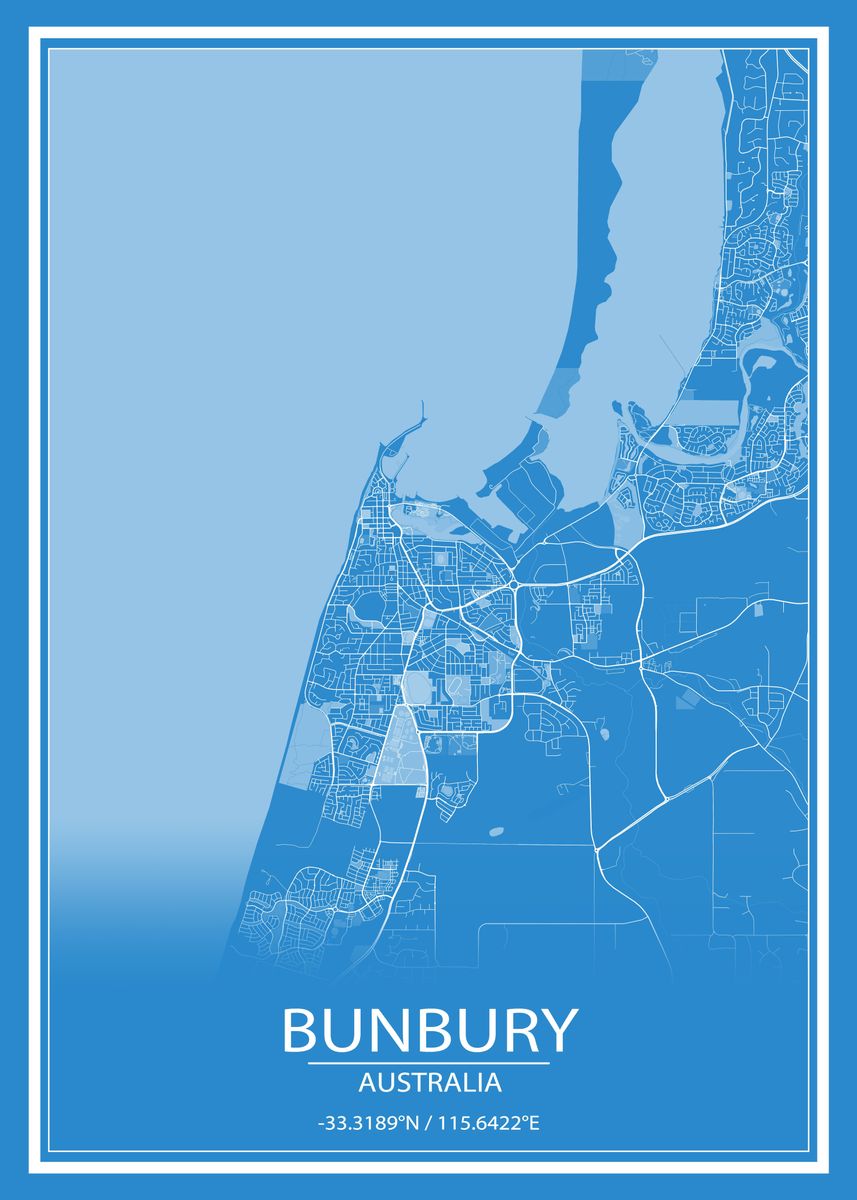 'Bunbury Australia Blue Map' Poster, picture, metal print, paint by ...