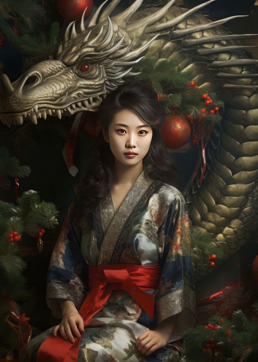'Geisha dragon christmas' Poster, picture, metal print, paint by ...