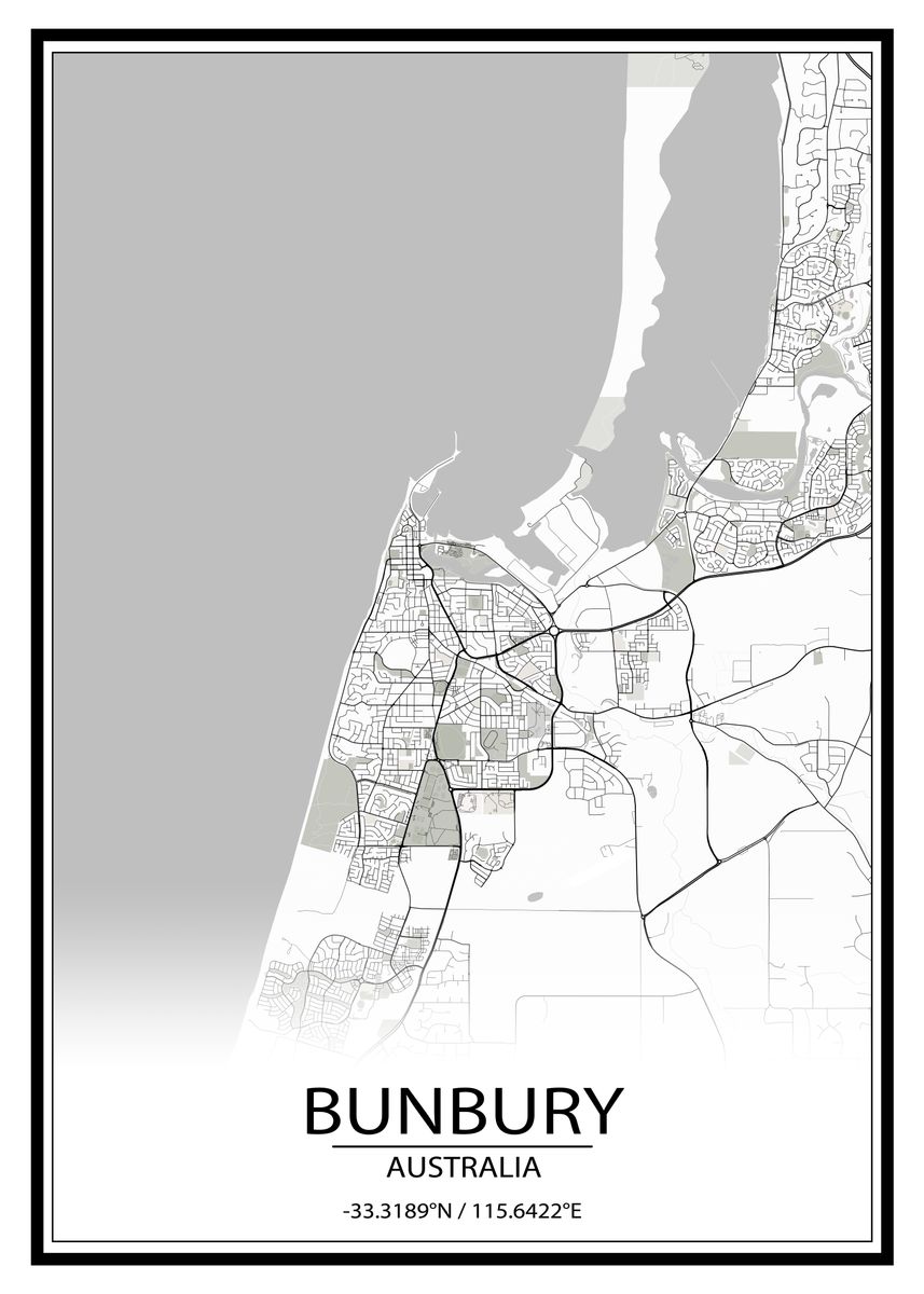 'Bunbury AUS White City Map' Poster, picture, metal print, paint by ...