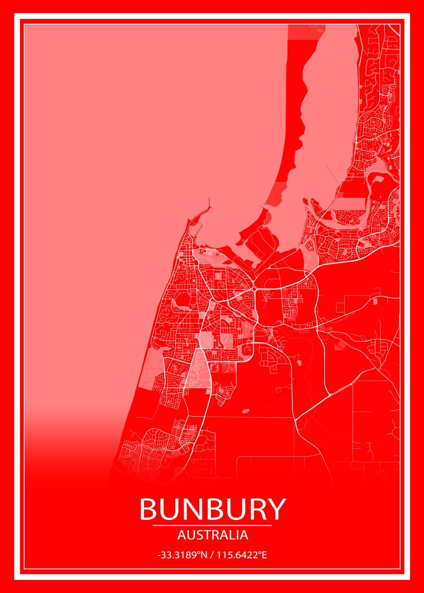 'Bunbury AUS Red White Map' Poster, picture, metal print, paint by Wall ...