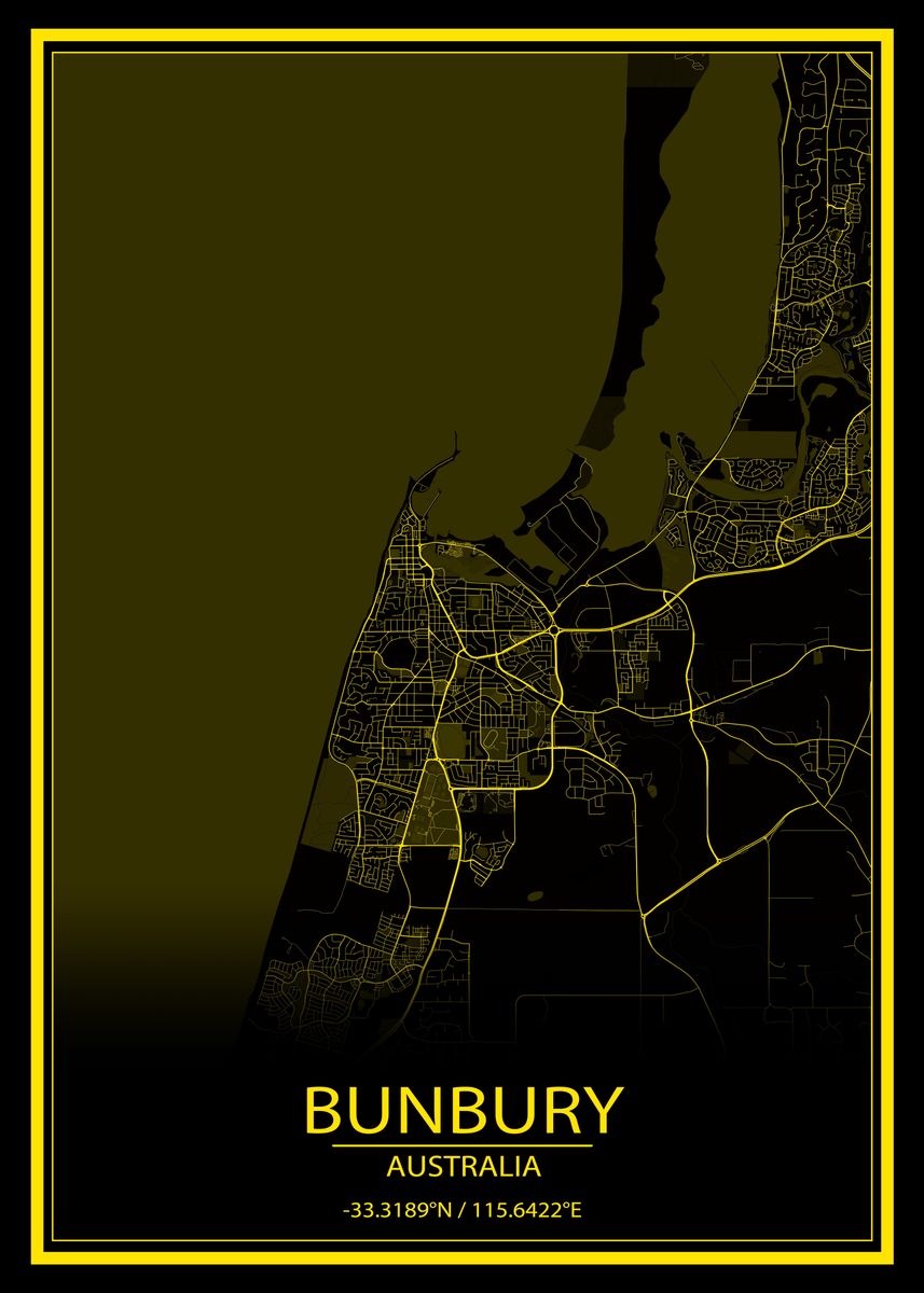 'Bunbury AUS Yellow Map' Poster, picture, metal print, paint by Wall ...