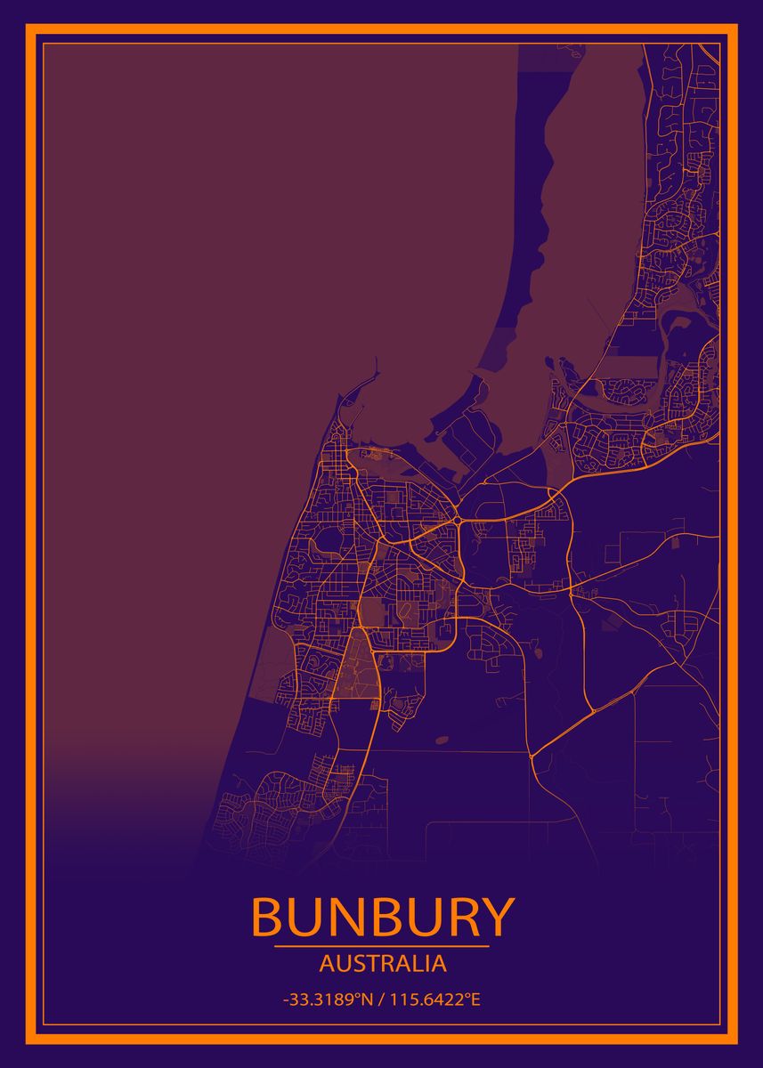 'Bunbury AUS Purple Map' Poster, picture, metal print, paint by Wall ...