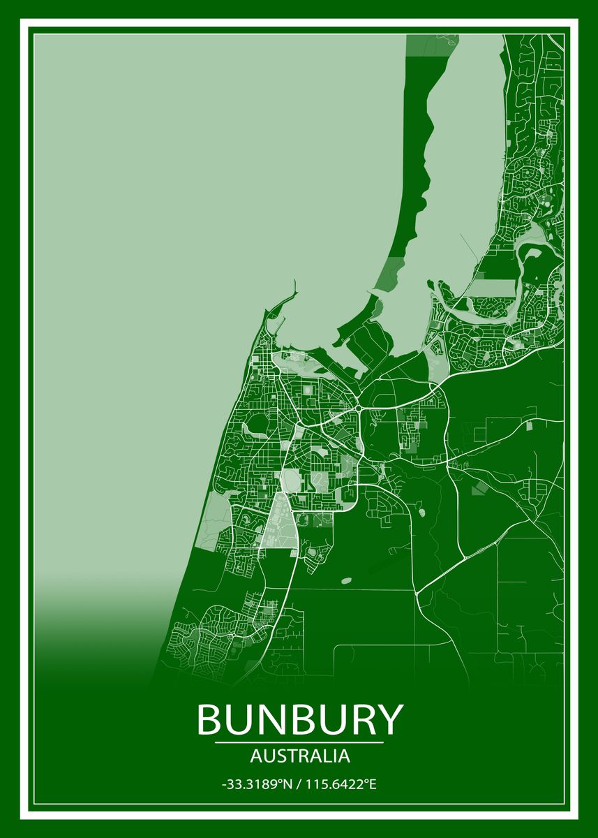 'Bunbury AUS Green City Map' Poster, picture, metal print, paint by ...