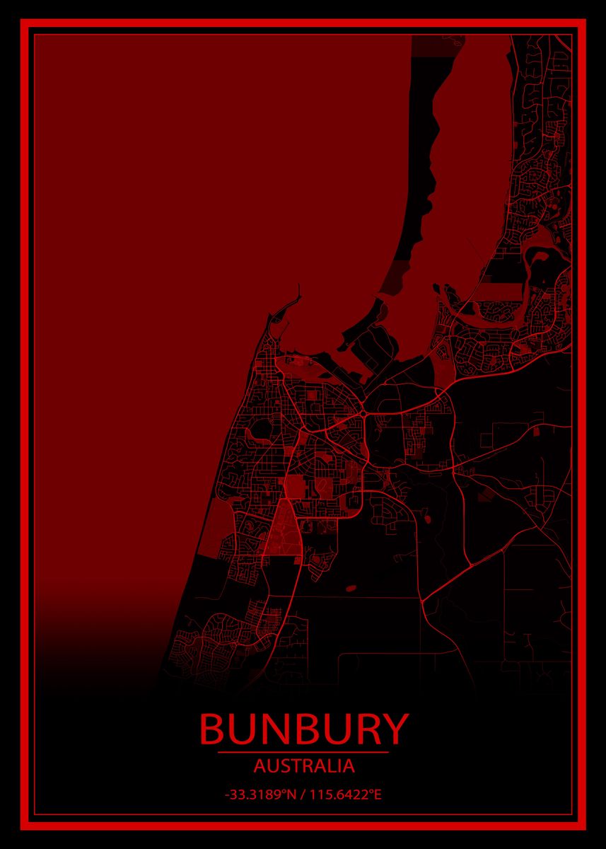 'Bunbury Australia Red Map' Poster, picture, metal print, paint by Wall ...