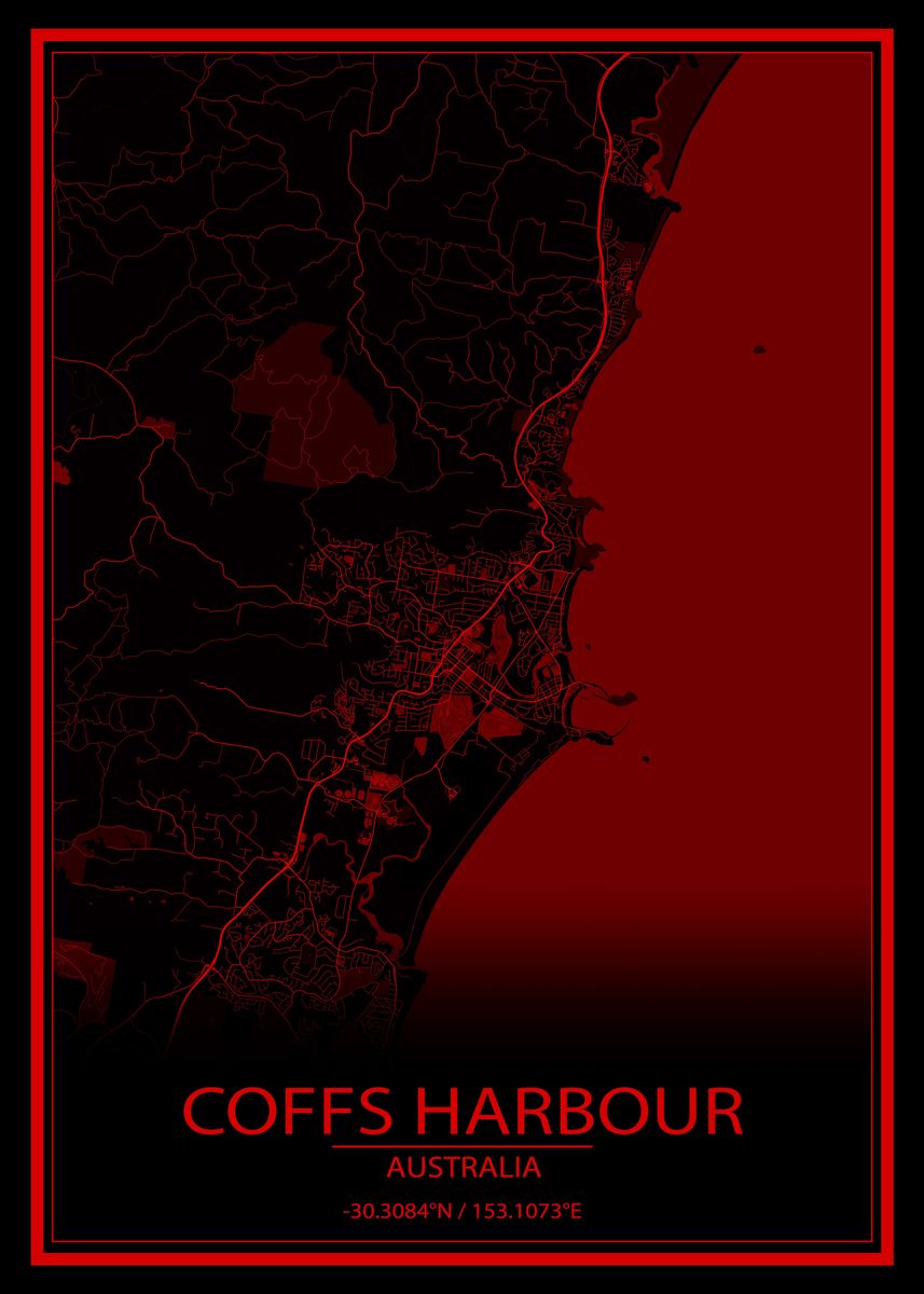 'Coffs Harbour Red City Map' Poster, picture, metal print, paint by ...