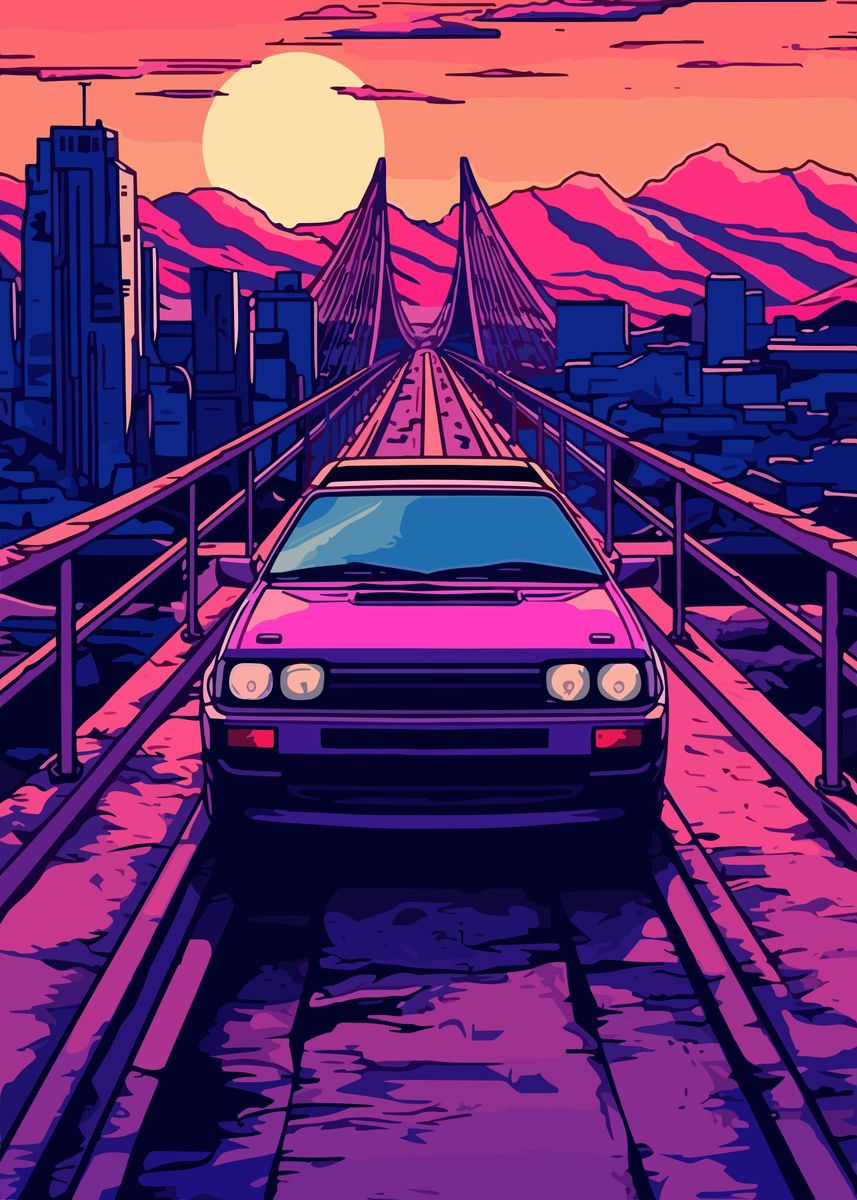 'Car Retro Synthwave' Poster, picture, metal print, paint by Oliver Qo ...