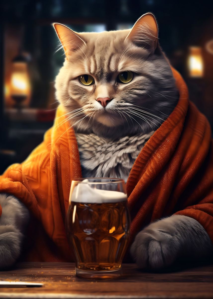 'Beer Cat' Poster, picture, metal print, paint by Tom Cage | Displate