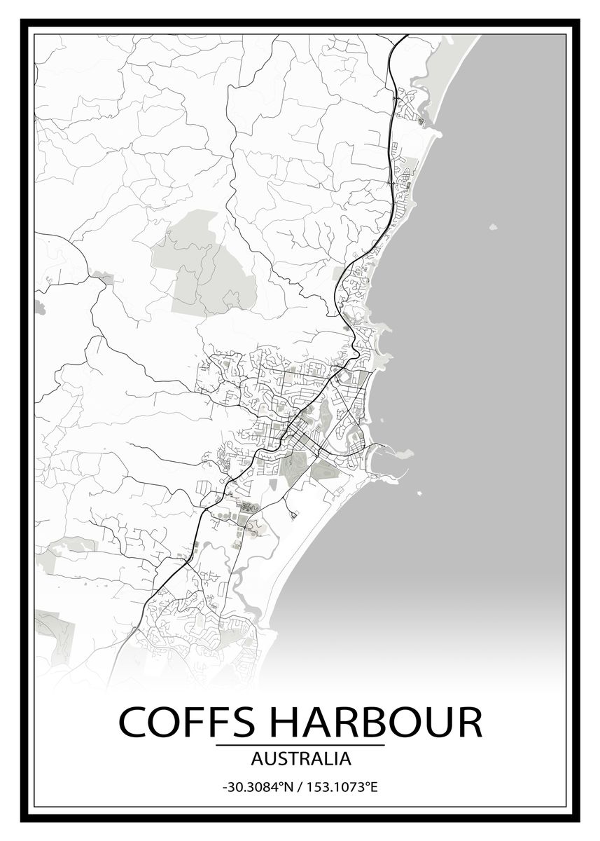'Coffs Harbour White Map' Poster, picture, metal print, paint by Wall ...