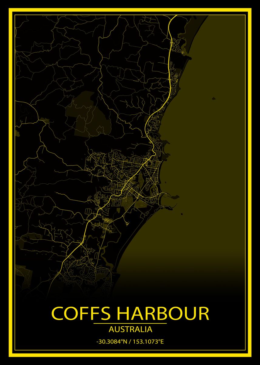 'Coffs Harbour Yellow Map' Poster, picture, metal print, paint by Wall ...