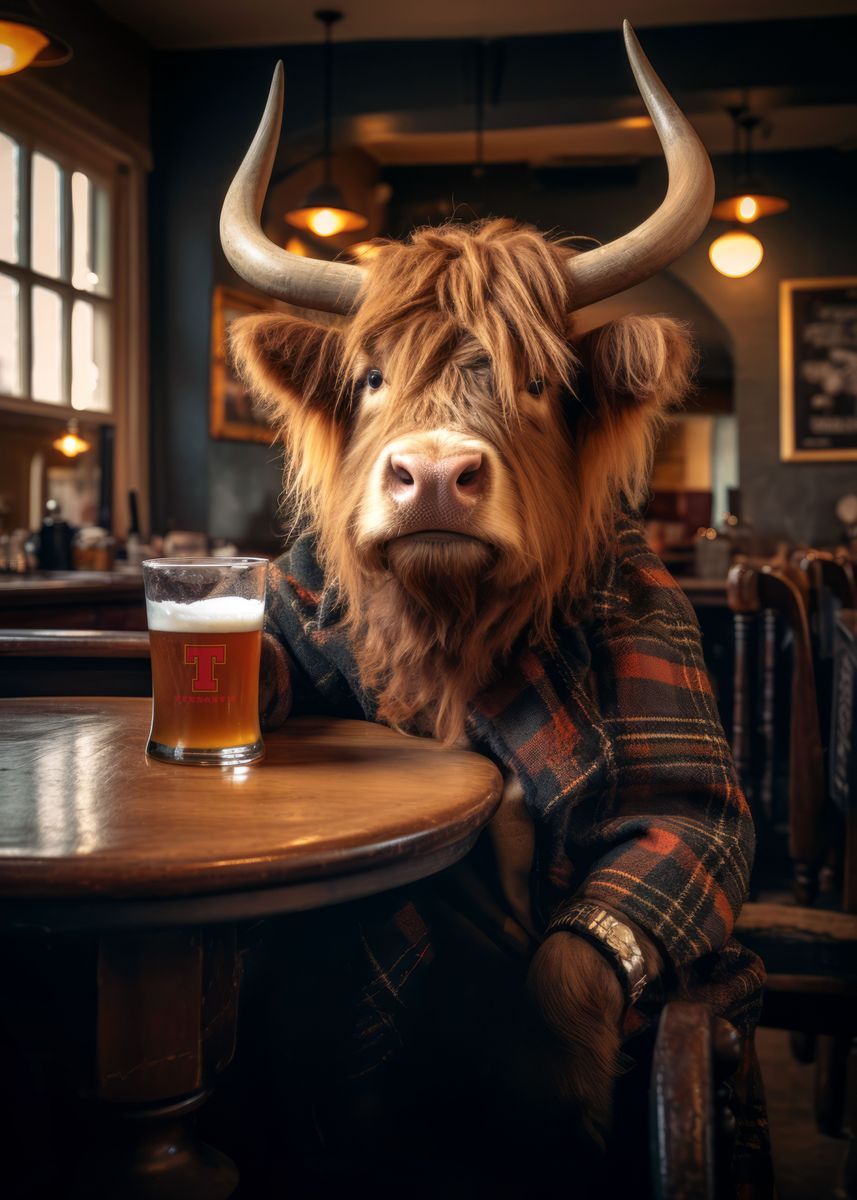 'Highland Cow in the Pub' Poster, picture, metal print, paint by Craig ...