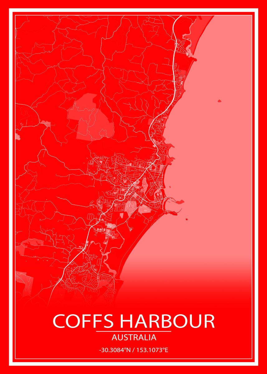 'Coffs Harbour RedWhite Map' Poster, picture, metal print, paint by ...