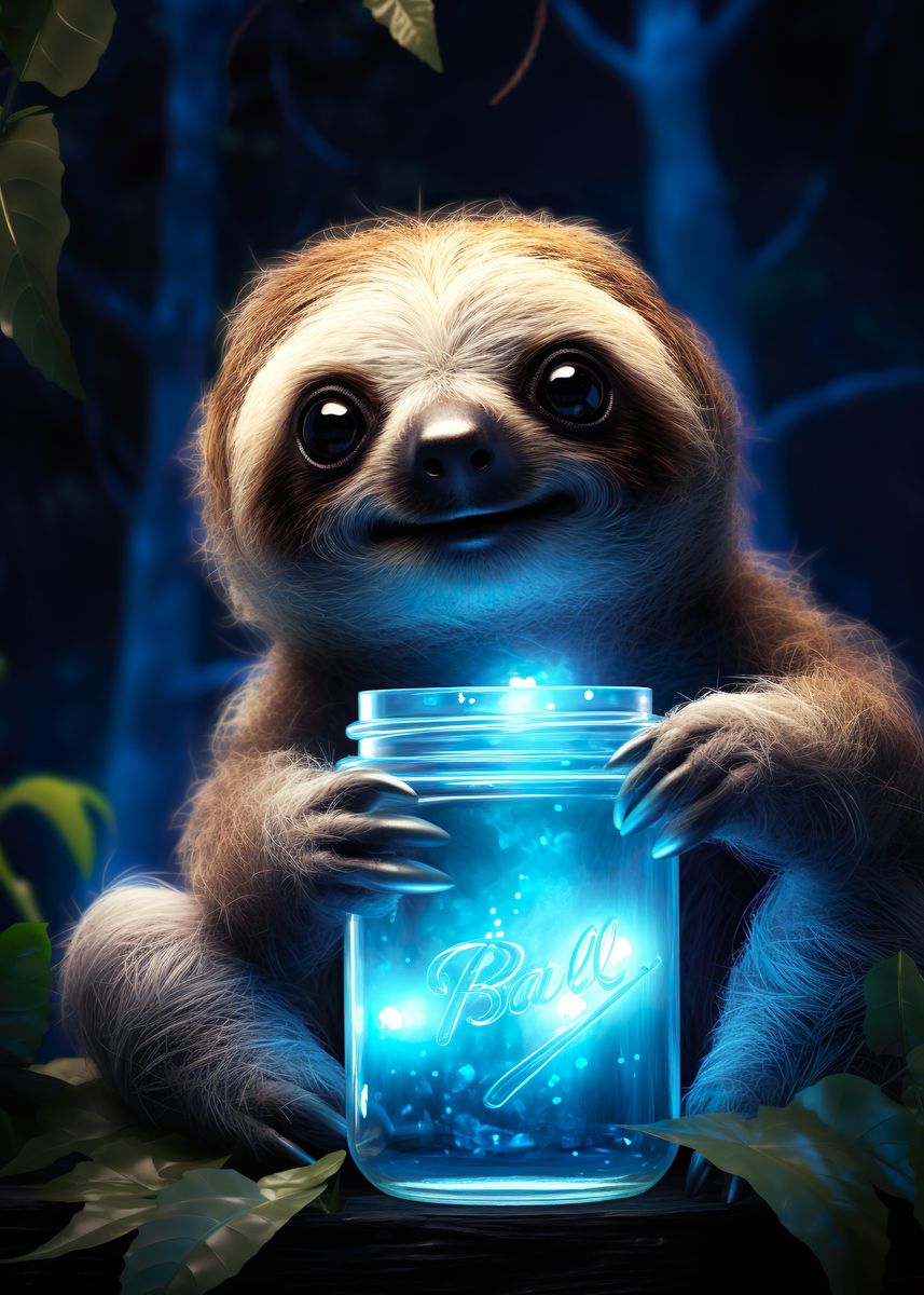 'Cute Sloth Luminous Glow' Poster, picture, metal print, paint by ...