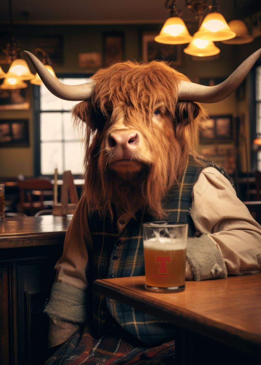 'Highland Cow Drinking Beer' Poster, picture, metal print, paint by ...