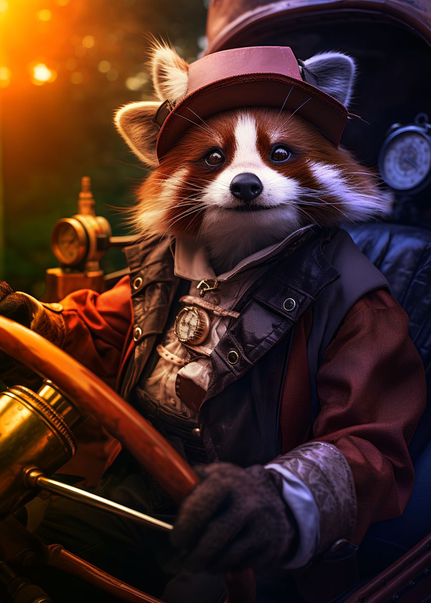 'Funny Red Panda drive car' Poster, picture, metal print, paint by ...