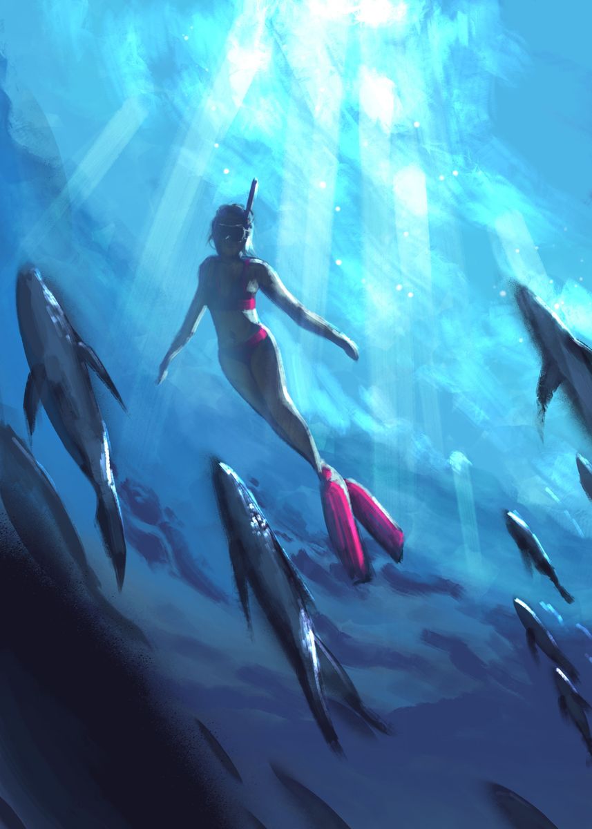 'Blue Ocean Dive 01' Poster, picture, metal print, paint by Linda ...