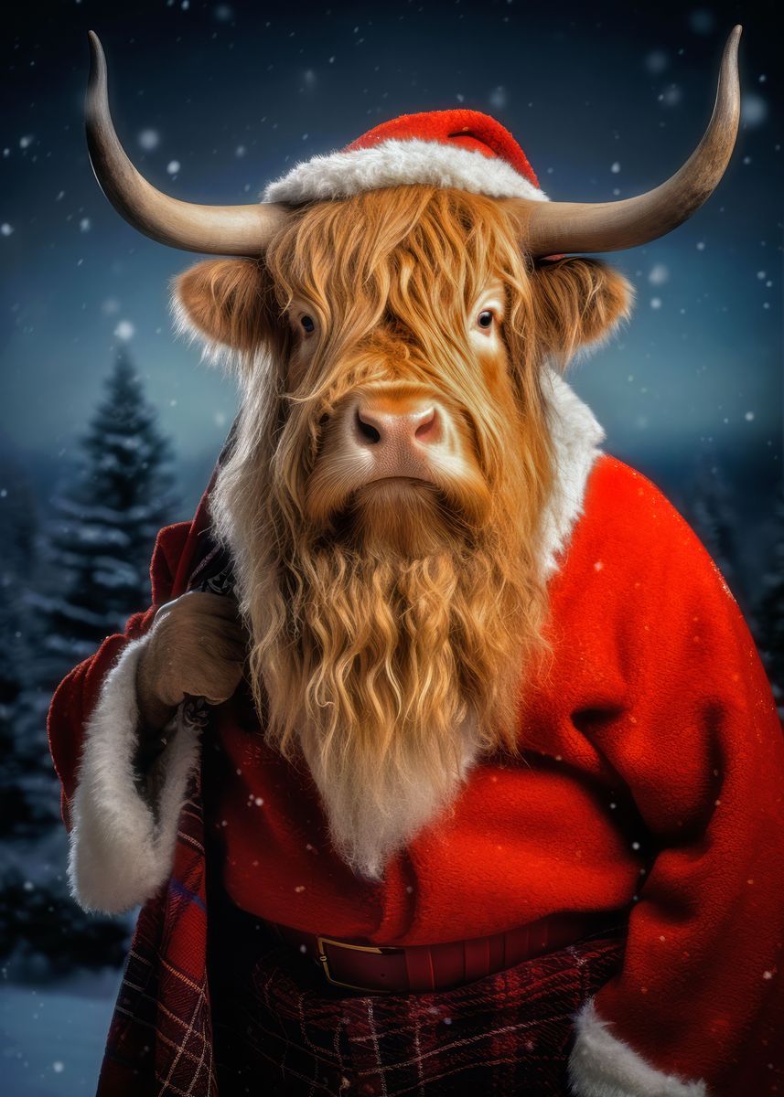 'Santa Highland Cow' Poster, picture, metal print, paint by Craig ...