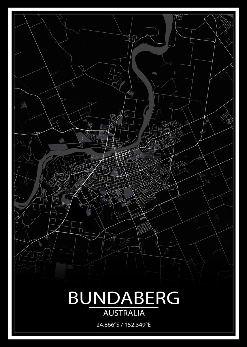 'Bundaberg AUS Black Map' Poster, picture, metal print, paint by Wall ...