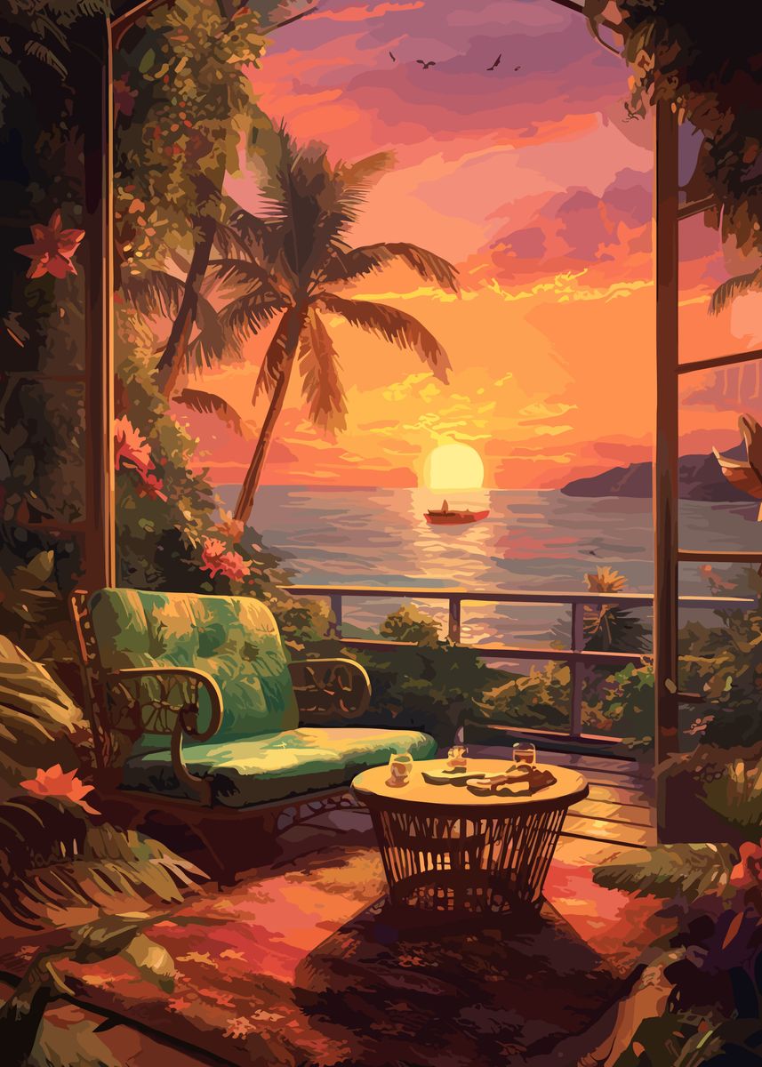 'Oceanview Sunset' Poster, picture, metal print, paint by Constance Hart | Displate