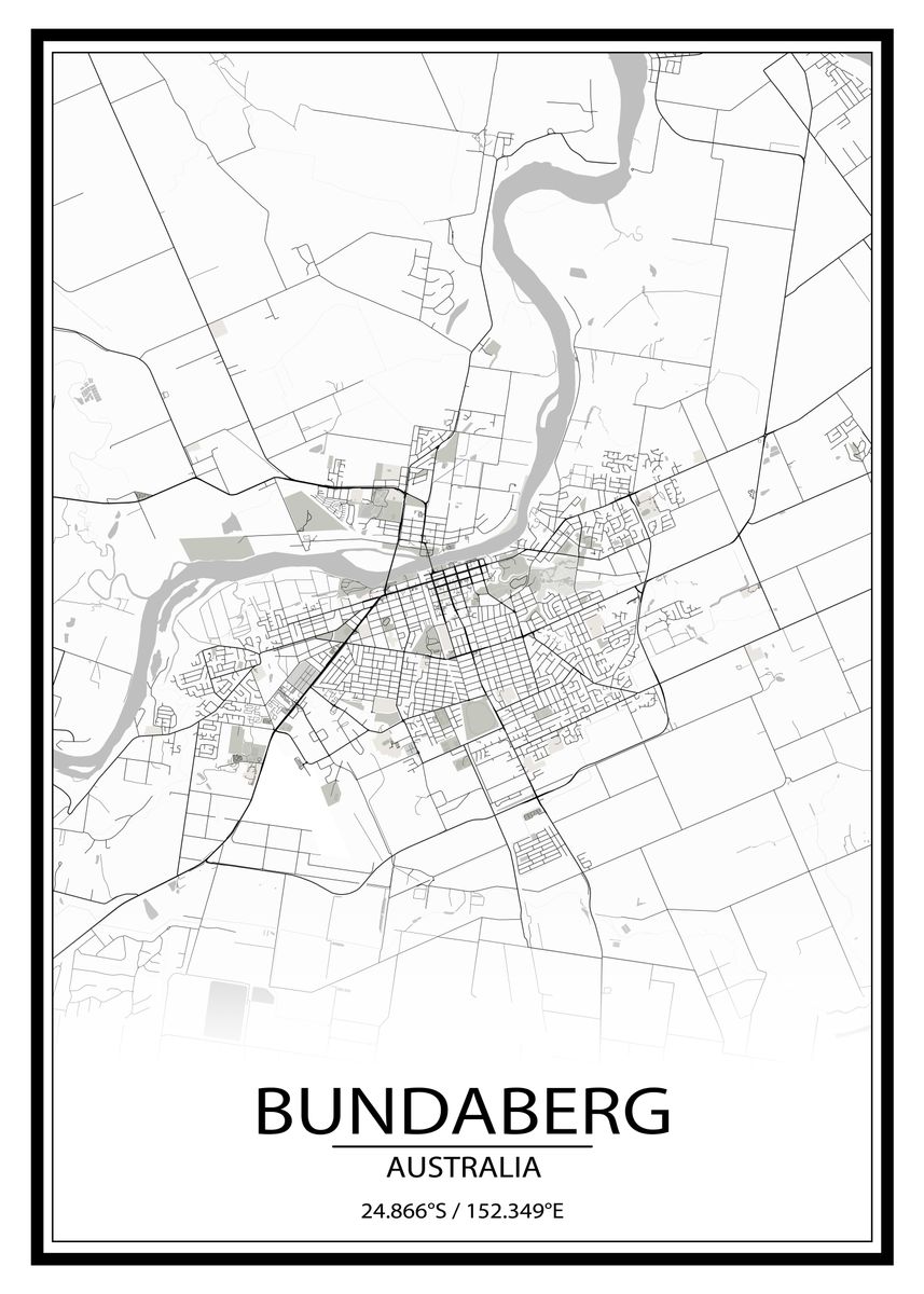 'Bundaberg AUS White Map' Poster, picture, metal print, paint by Wall ...