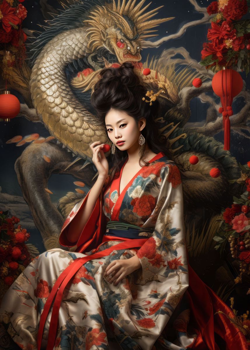 'Geisha dragon christmas' Poster, picture, metal print, paint by ...
