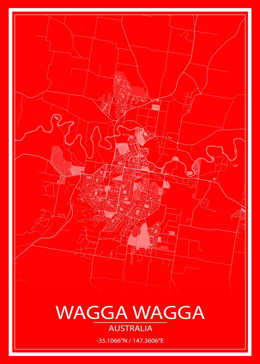 'Wagga Wagga Red White Map' Poster, picture, metal print, paint by Wall ...