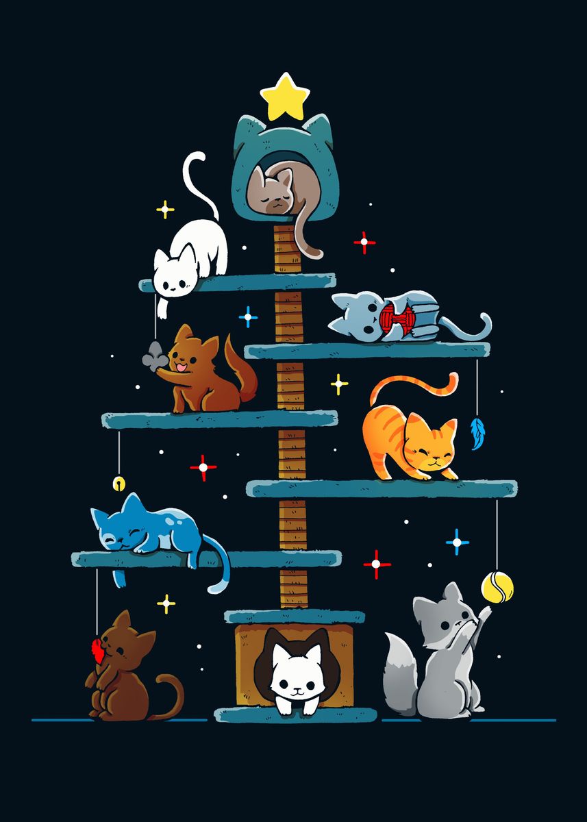 'Christmas Tree House Cats' Poster, picture, metal print, paint by Valentina Fabbri | Displate