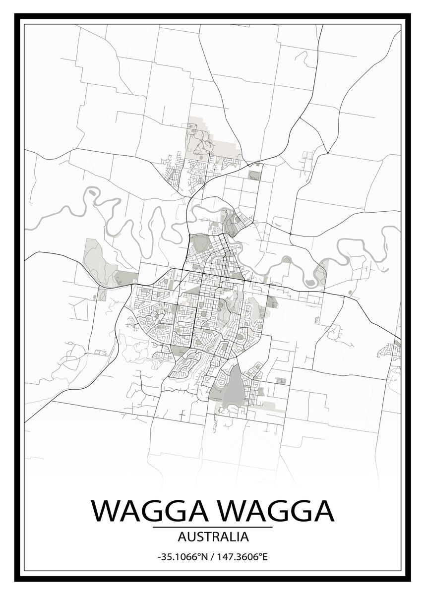 'Wagga Wagga AUS White Map' Poster, picture, metal print, paint by Wall ...