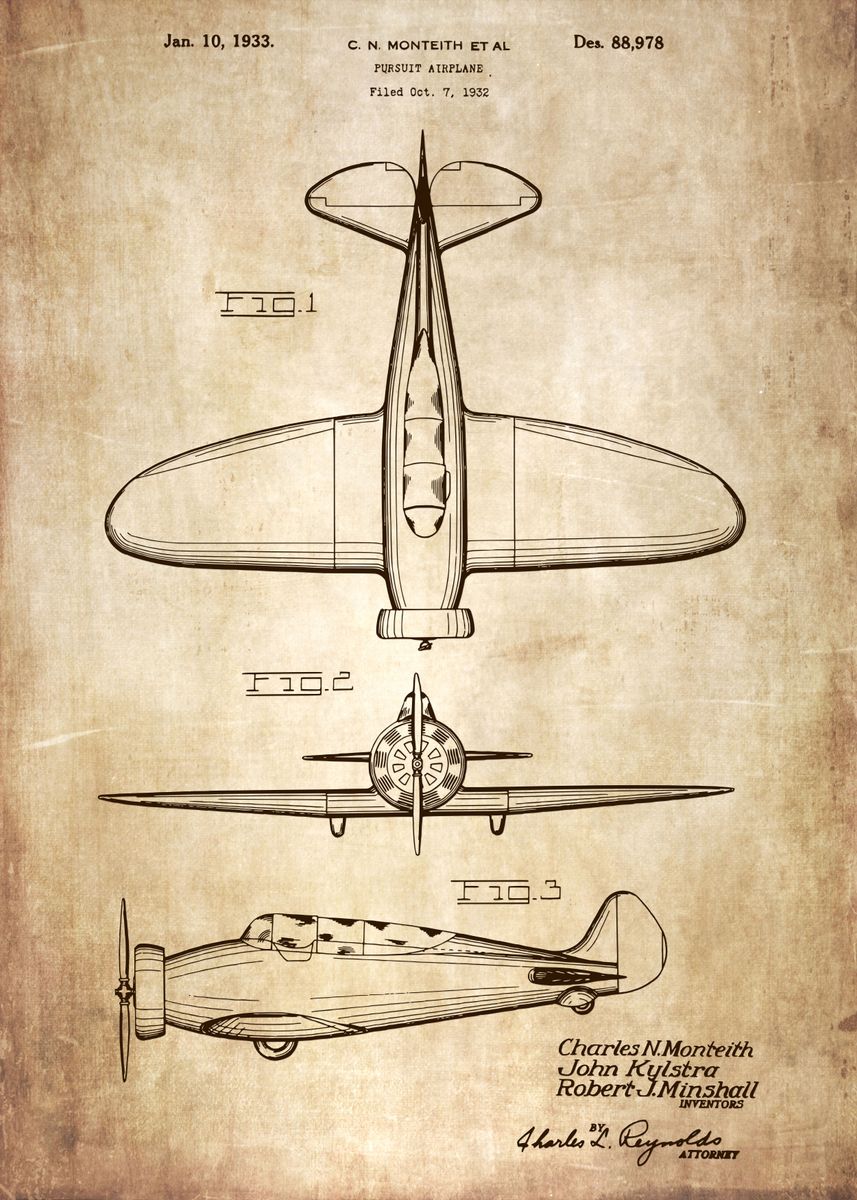 '1933 airplane patent' Poster, picture, metal print, paint by Van ...