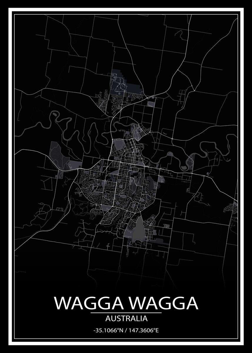 'Wagga Wagga AUS Black Map' Poster, picture, metal print, paint by Wall ...