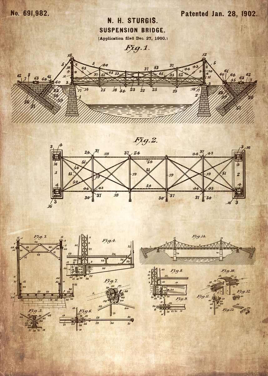 'Patent suspension bridge s' Poster, picture, metal print, paint by Van ...