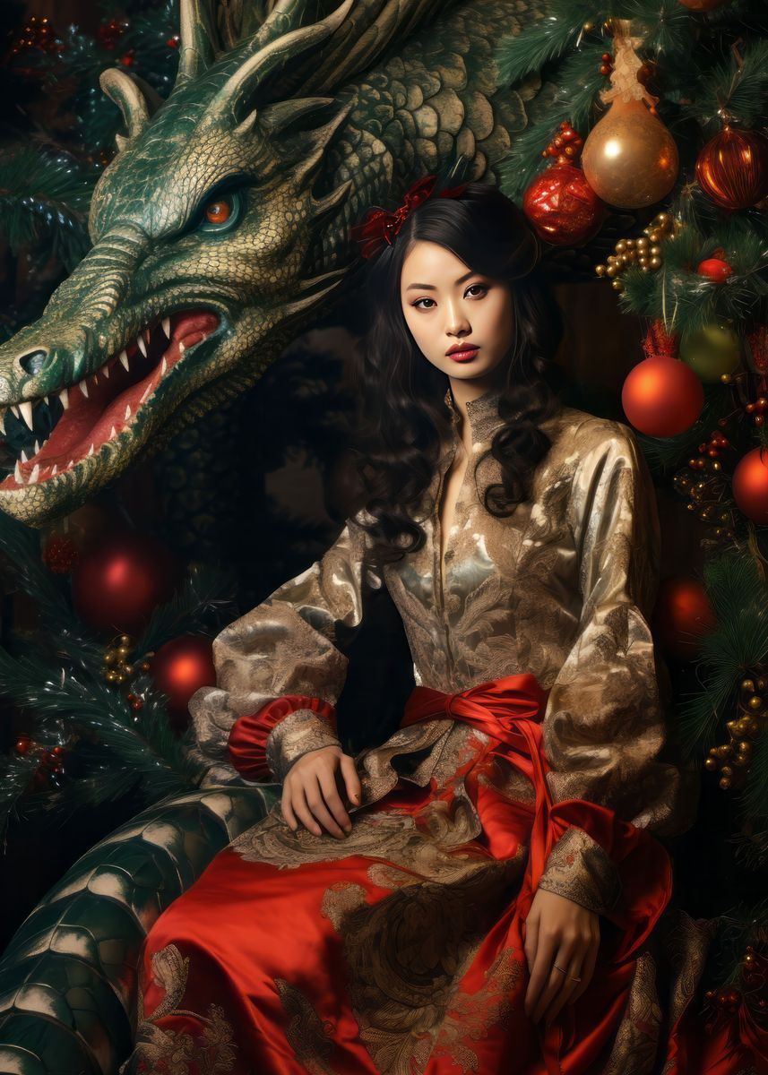 'Geisha dragon christmas' Poster, picture, metal print, paint by ...