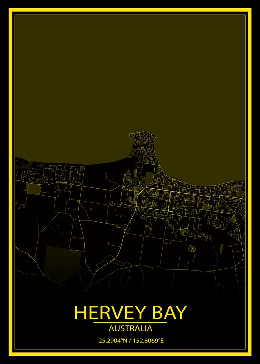 'Hervey Bay AUS Yellow Map' Poster, picture, metal print, paint by Wall ...