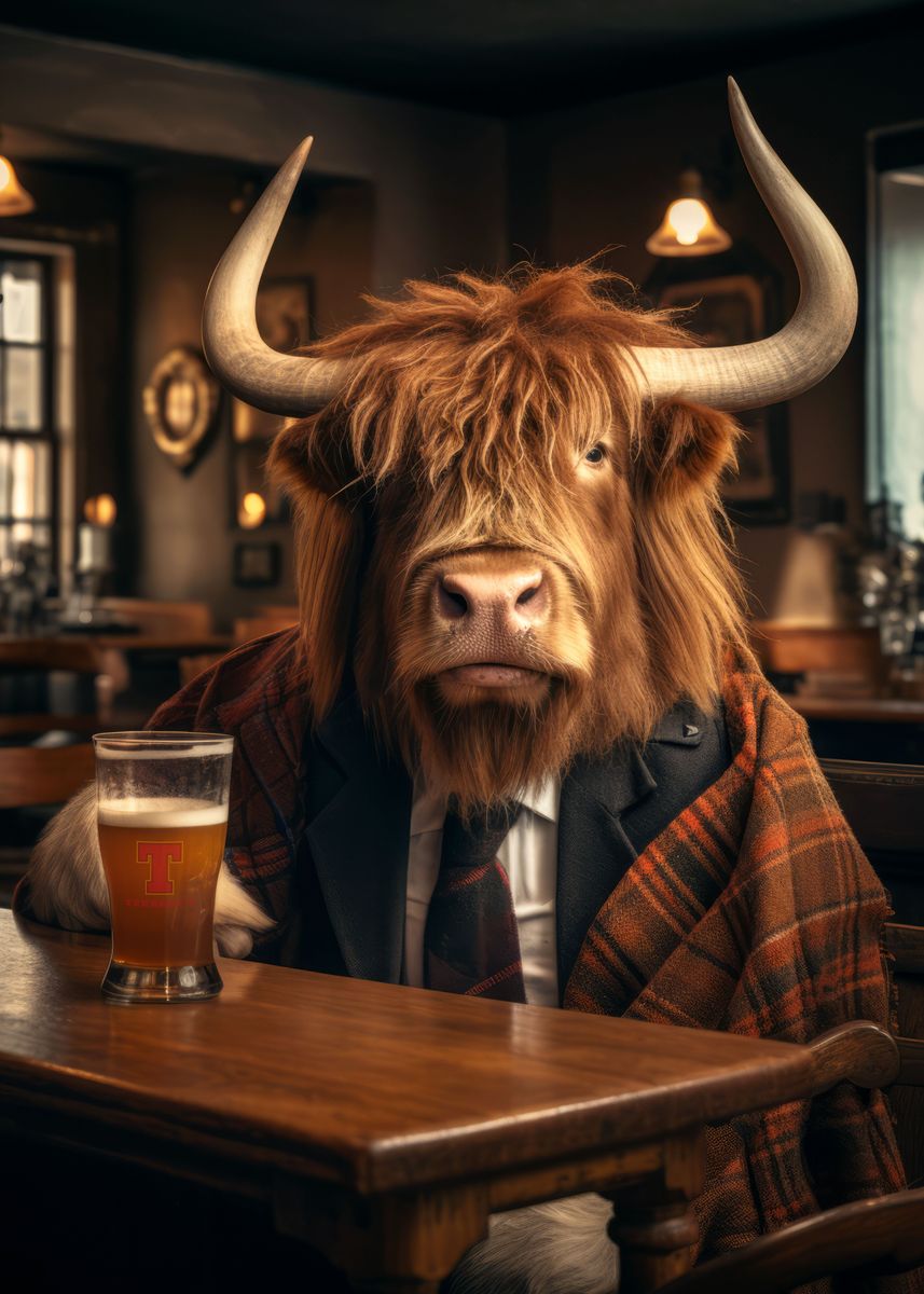 'Highland Cow Drinking Beer' Poster, picture, metal print, paint by ...
