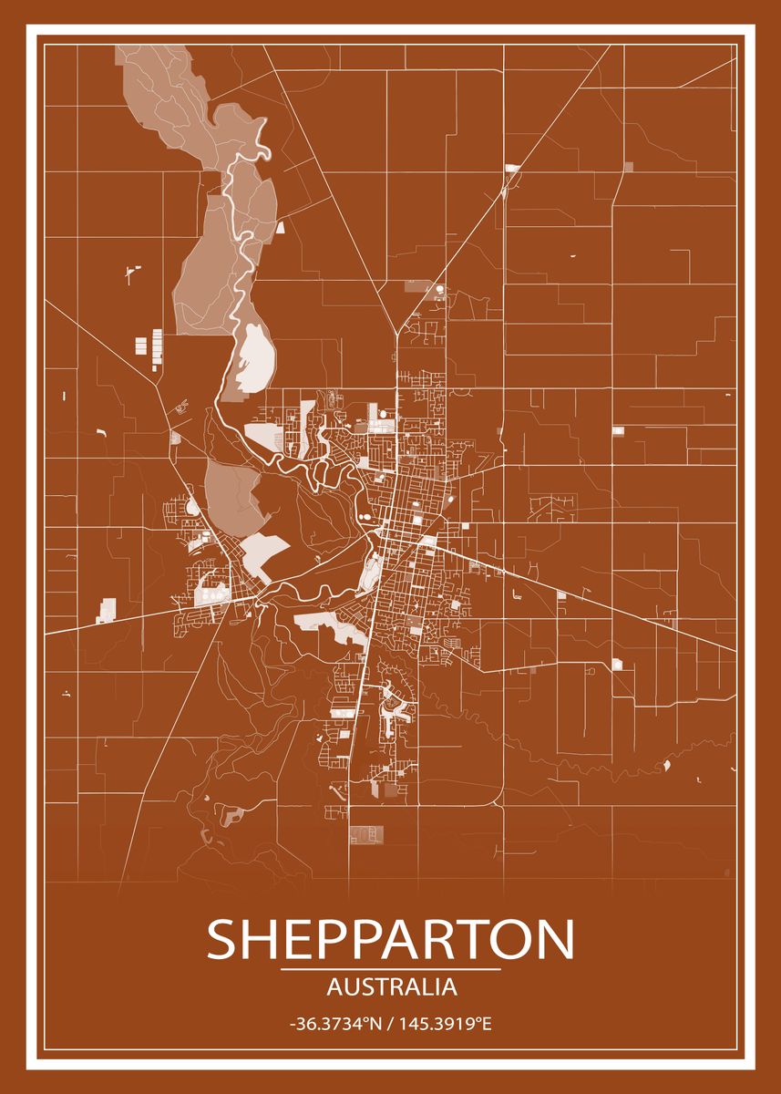 'Shepparton AUS Brown Map' Poster, picture, metal print, paint by Wall ...