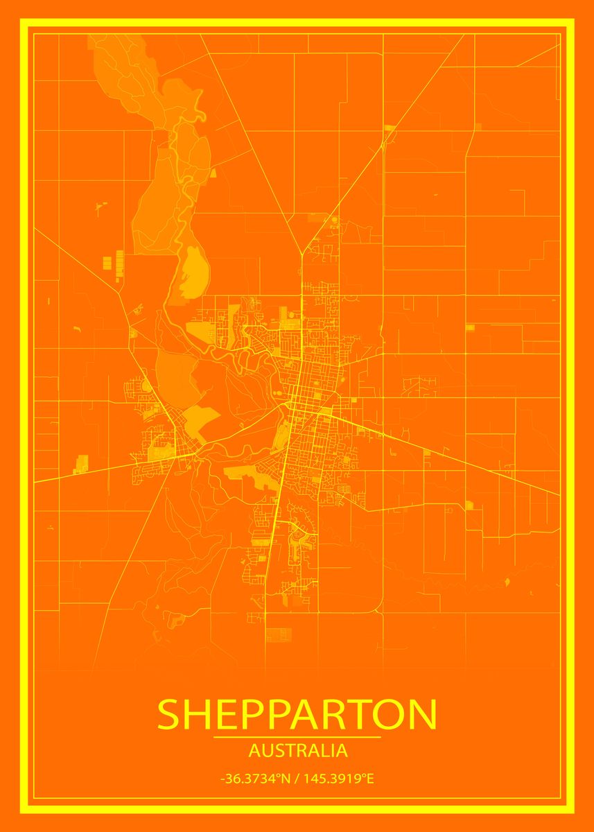 'Shepparton AUS Orange Map' Poster, picture, metal print, paint by Wall ...