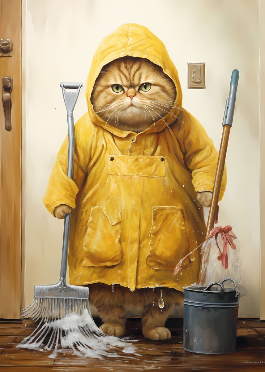 'Fat Cat Cleaning Bathroom' Poster, picture, metal print, paint by ...